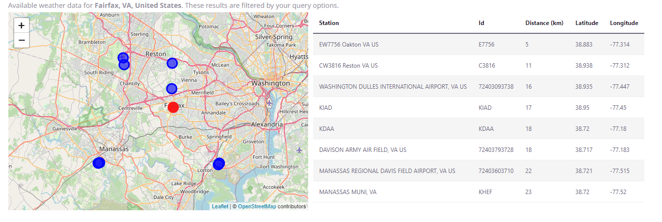 Modifying the weather station search parameters – Visual Crossing