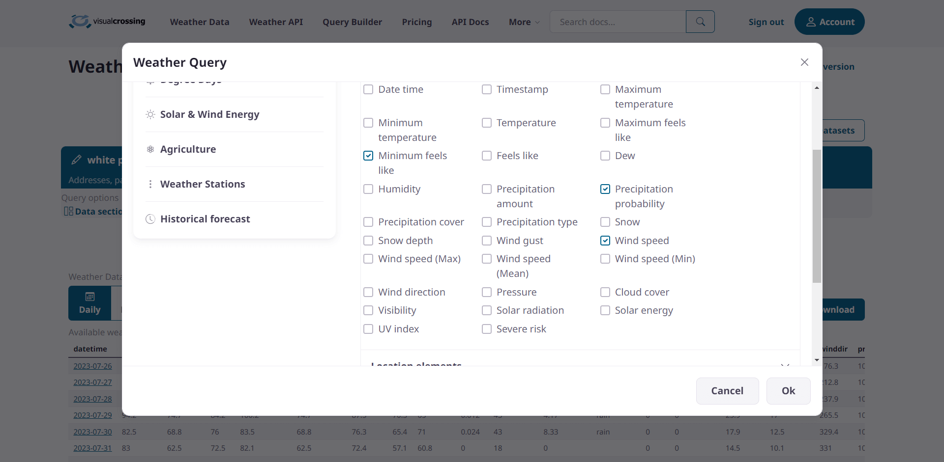 Adding and Removing Elements from your Weather Query | Visual Crossing