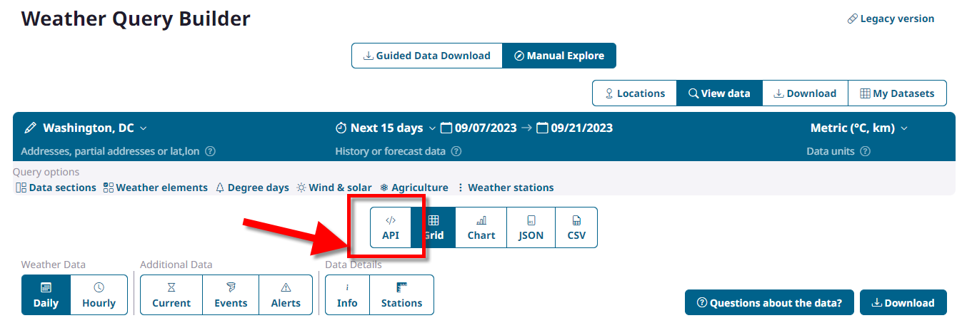 How To Retrieve The Visual Crossing Api Query String When Using The Web Query Builder Interface 5861